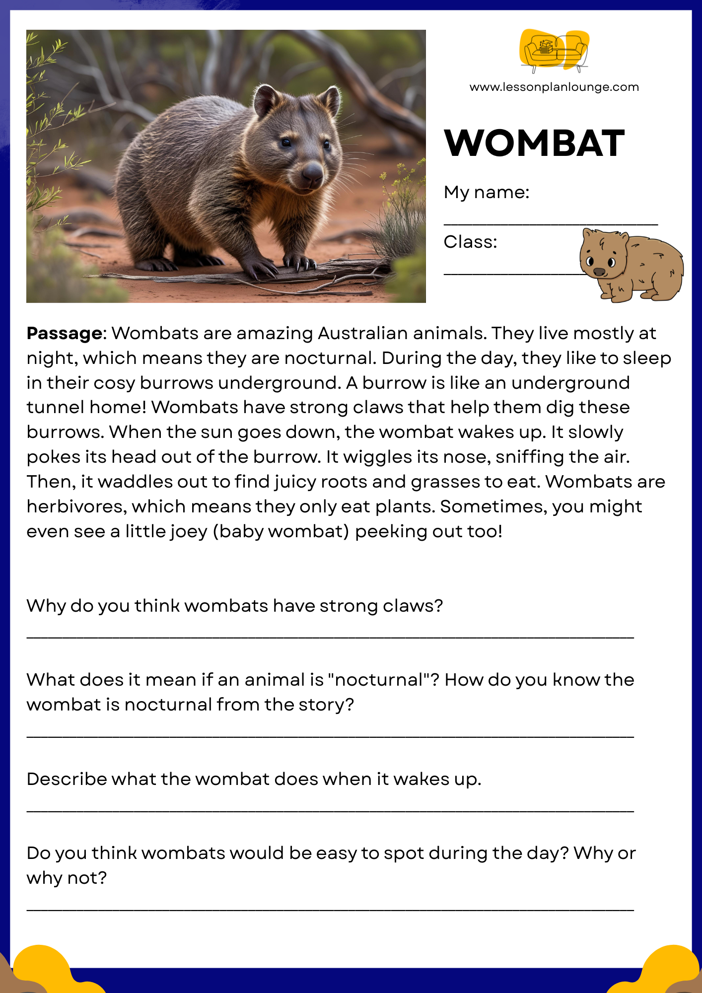 FREE Download - English - Reading - Passages – Wombat – Lesson Plan Lounge