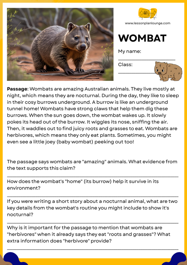 FREE Download - English - Reading - Passages – Wombat – Lesson Plan Lounge